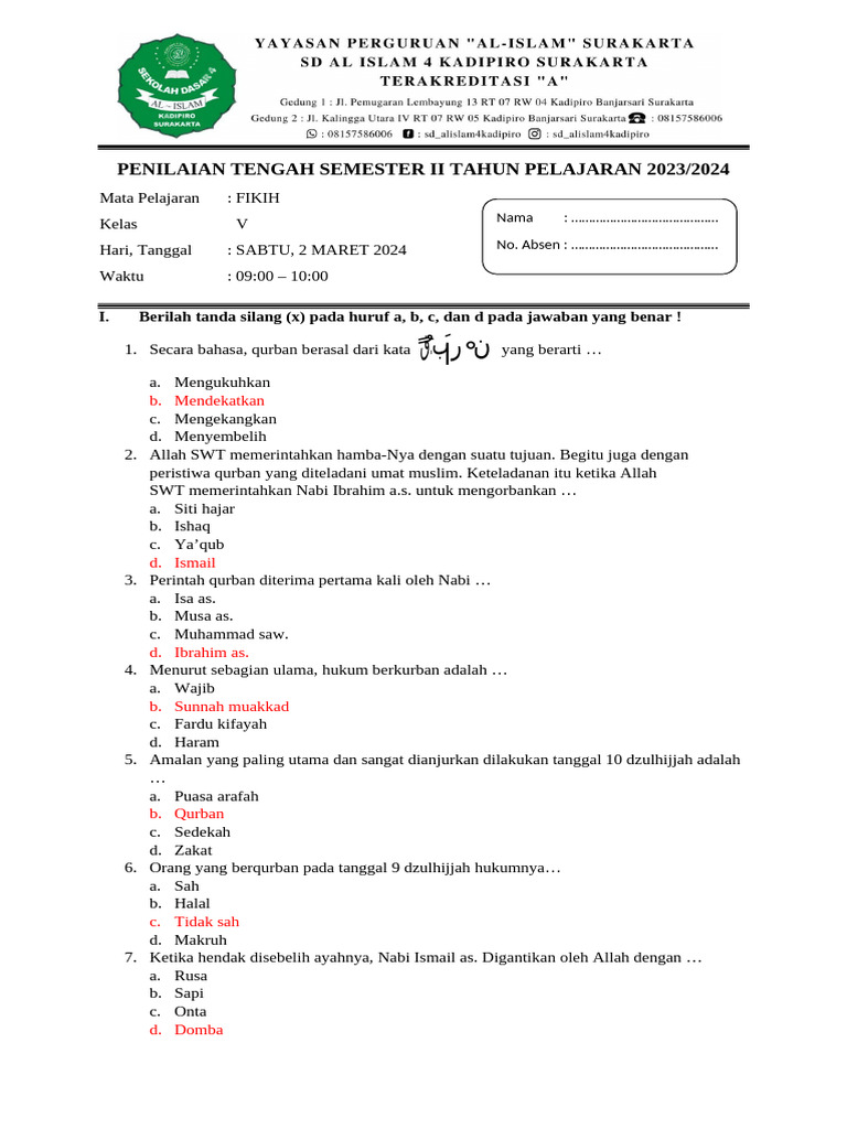 Soal Dan Jawaban PTS Fiqih KLS 5 SMT 2 | PDF