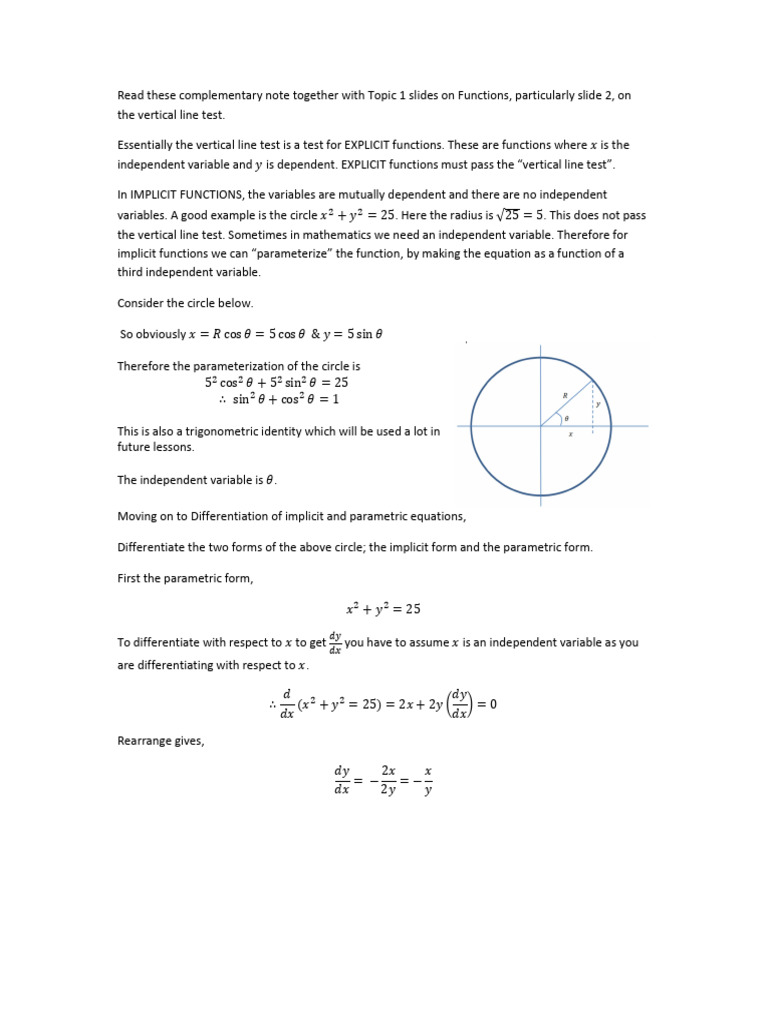 Complementary Note On Implicit and Parametric Form of A Circle | PDF