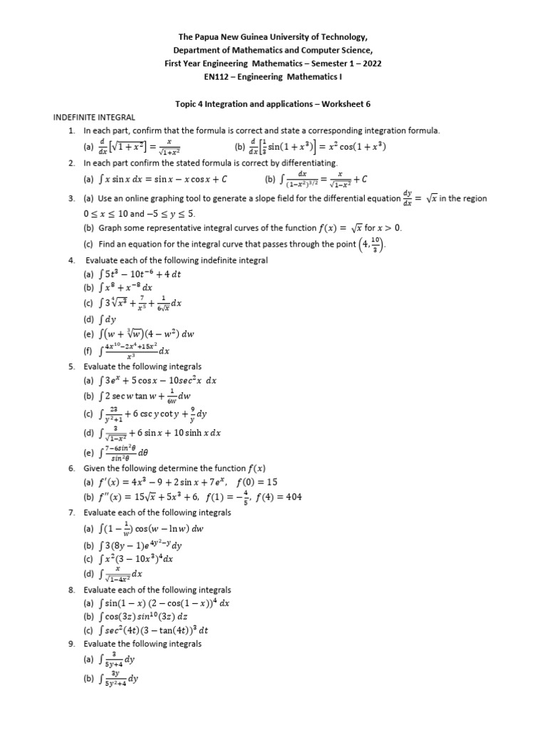 Worksheet 6 Integration and applications | PDF