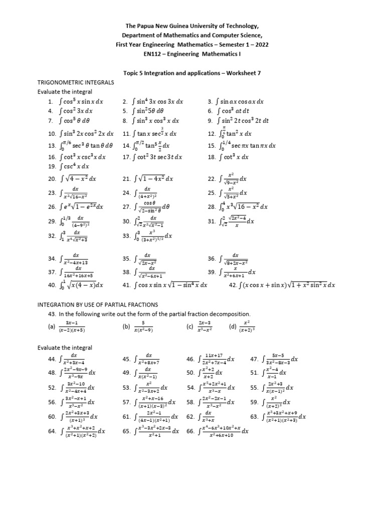 Worksheet 7 trigonometric integrals | PDF