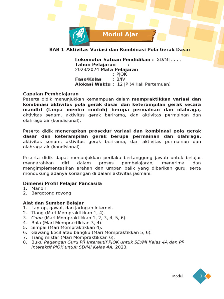 Modul Ajar PR PJOK 4A 2023-2024 Bab 1 | PDF