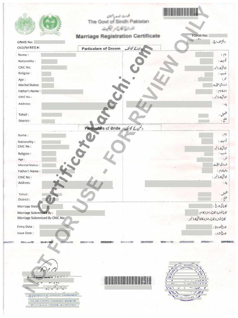 Sample Marriage Certificate NADRA Karachi | PDF