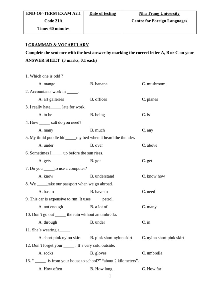 Đề Thi A2.1 Đề 21 Code A | PDF