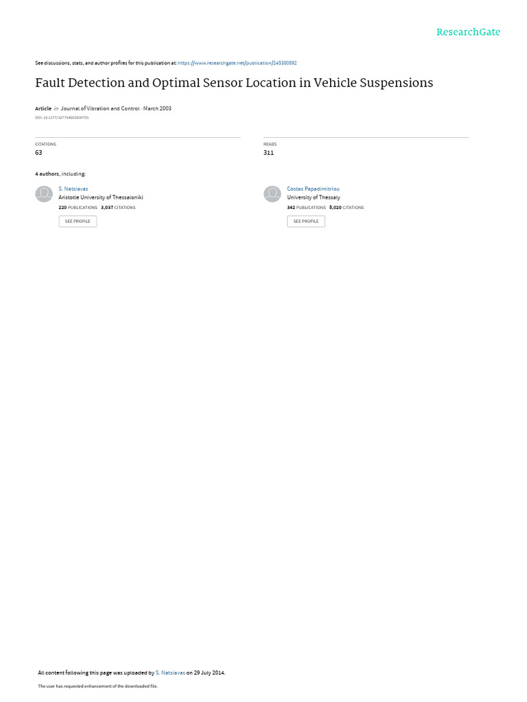 Fault Detection and Optimal Sensor Location in Veh | PDF