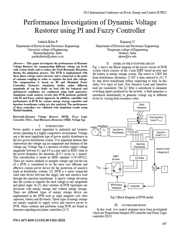 Performance Investigation of Dynamic Voltage Restorer Using PI and Fuzzy Controller | PDF