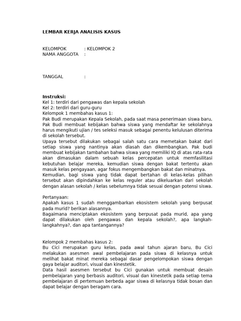 Lembar Kerja 2. Ruang Kolaborasi (Analisis Kasus) | PDF