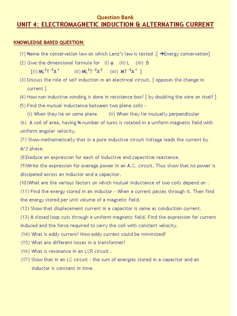 Unit 4: Electromagnetic Induction & Alternating Current: Question Bank ...