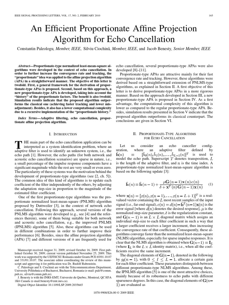 An Efficient Proportionate Affine Projection Algorithm For Echo Cancellation Pdf