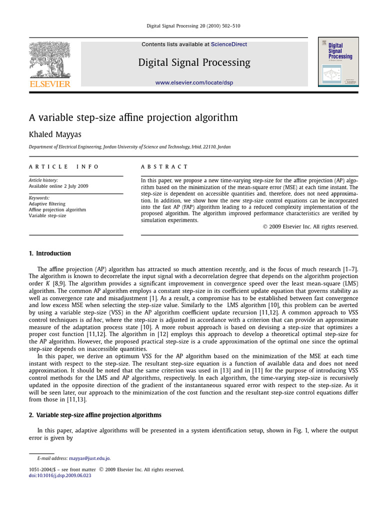 A Variable Step Size Affine Projection Algorithm Pdf