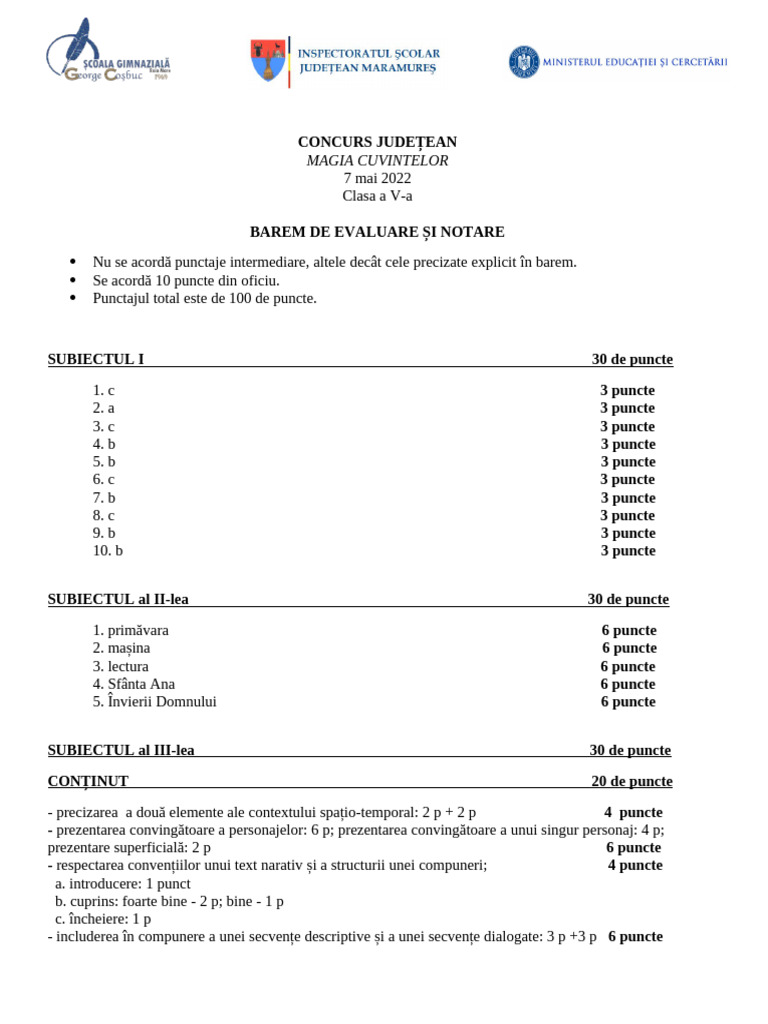 Barem corectare clasa 5 | PDF