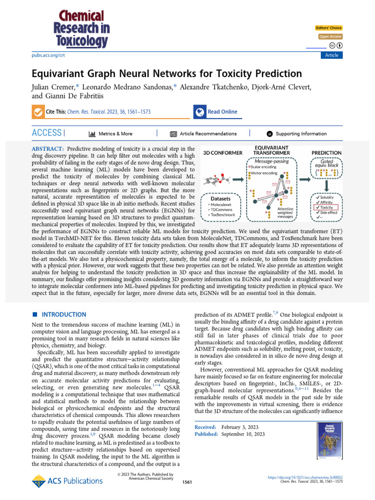 Cremer Et Al 2023 Equivariant Graph Neural Networks For Toxicity Prediction | PDF
