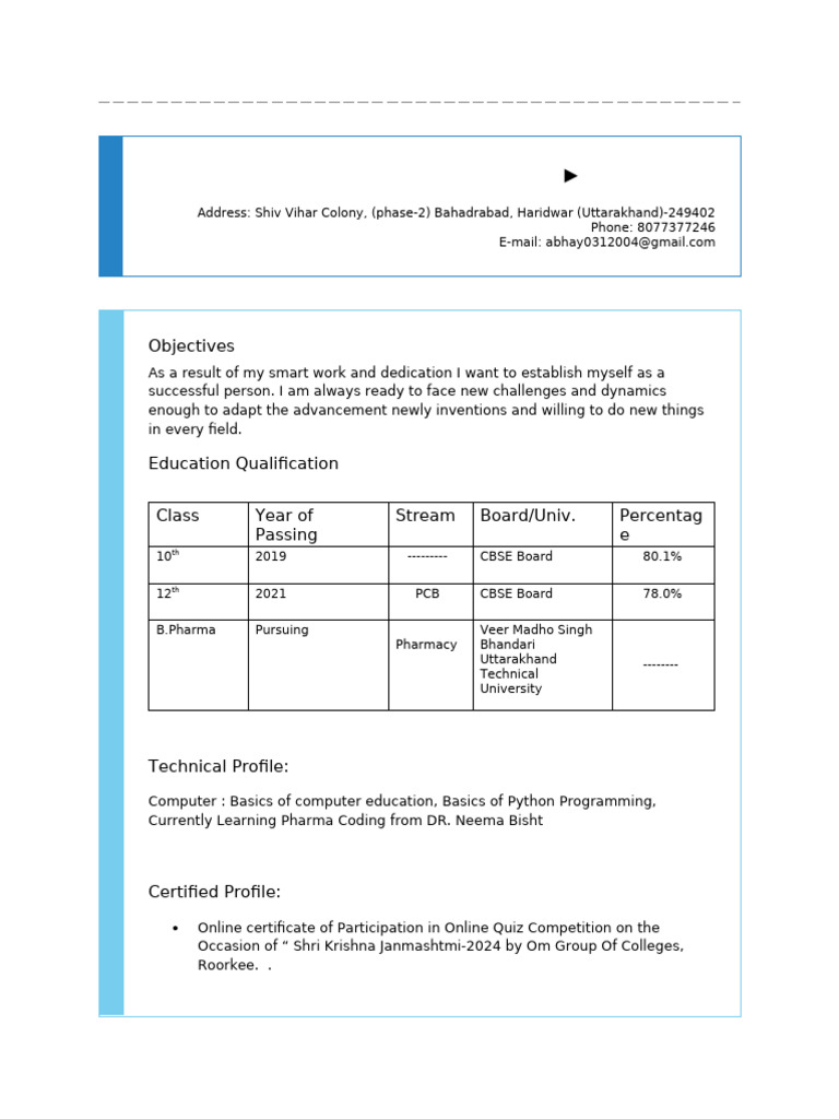 ABHAY. RESUME (Doc) Om College | PDF