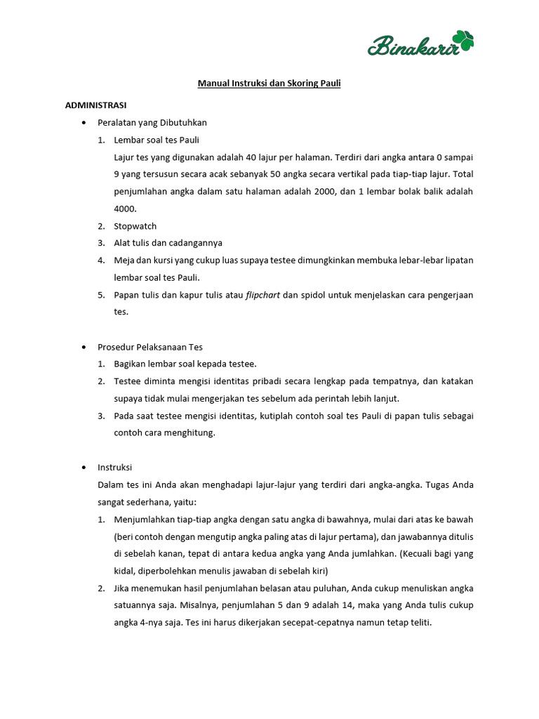 Instruksi & Skoring Pauli Excel | PDF