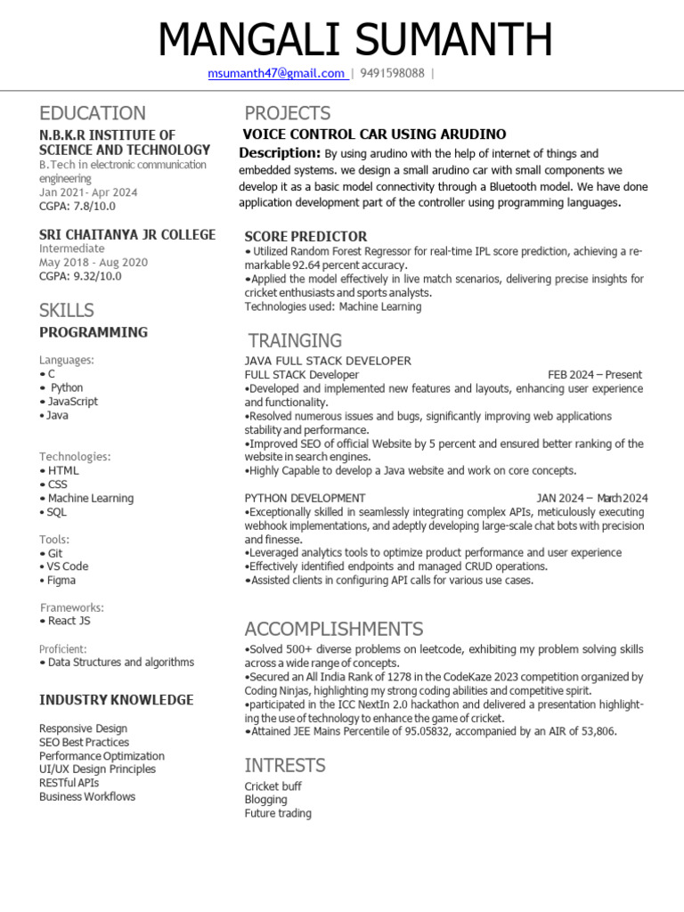 Mangali Sumanth CV | PDF