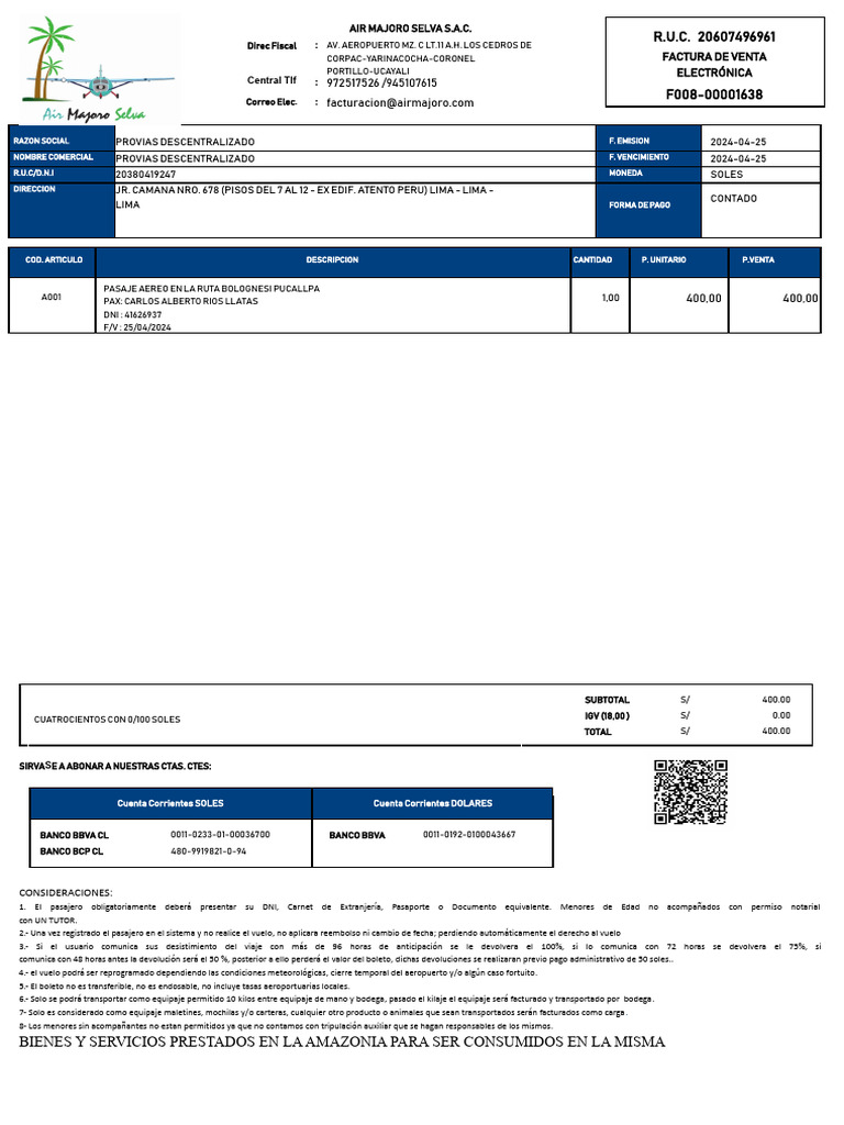 Pasaje Aéreo Majoro Bol-Puc | PDF