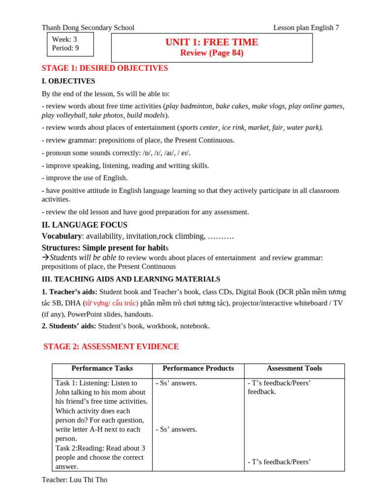 English 7 Lesson Plan: Free Time | PDF | Stress (Linguistics) | Career & Growth
