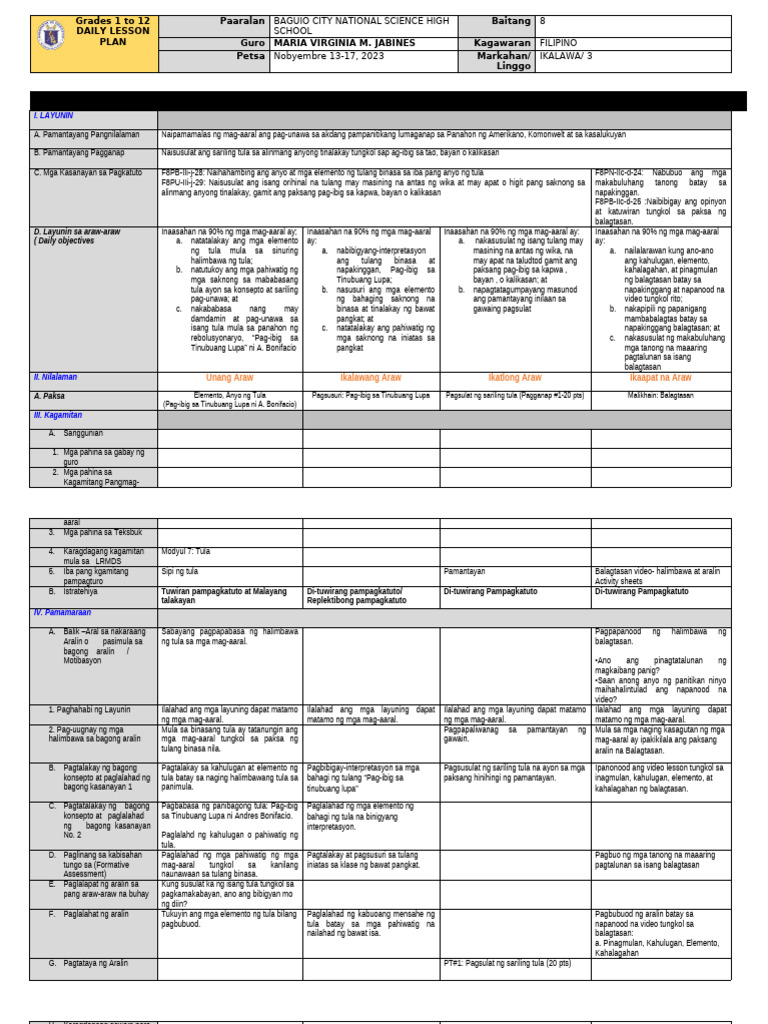 G8 - DLL-Week-2 - Tula - Tinubuang Lupa | PDF | Philippines