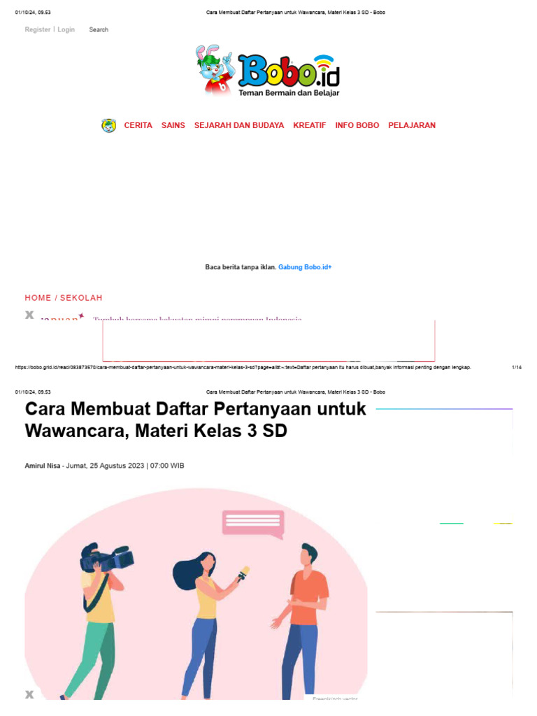 Cara Membuat Daftar Pertanyaan untuk Wawancara, Materi Kelas 3 SD - Bobo | PDF