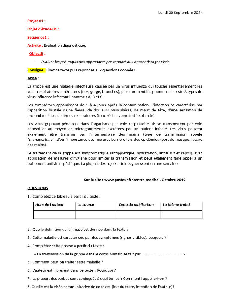 Eval Diagno Lundi 30 Septembre 2024 L Et ST | PDF