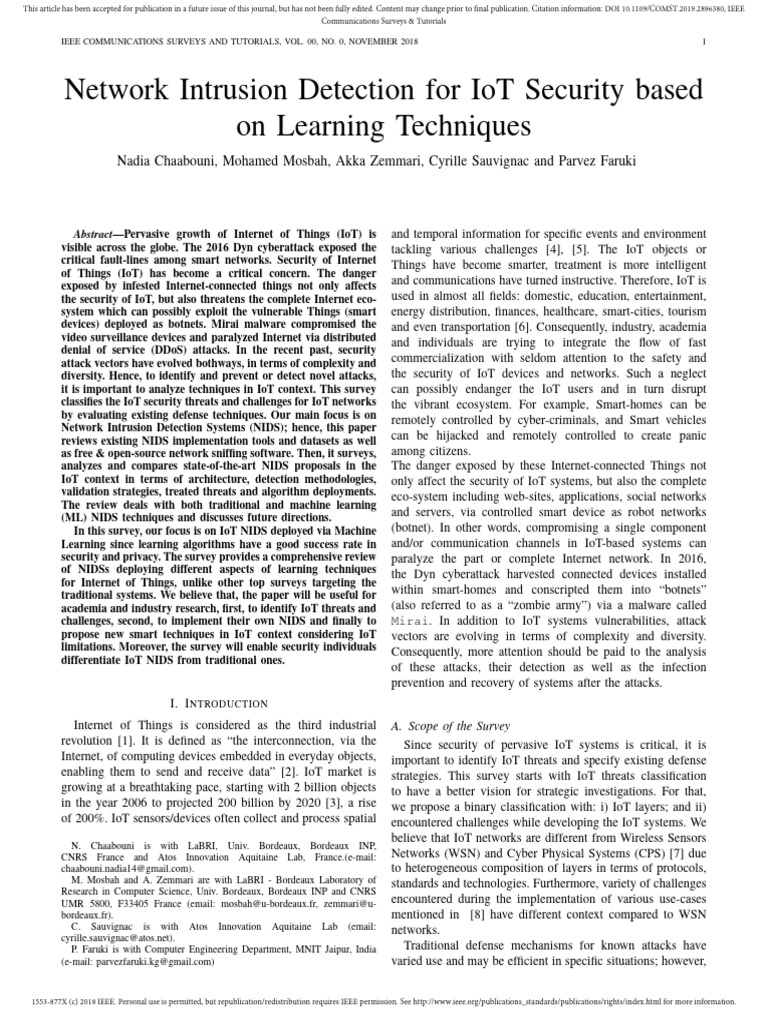 Network Intrusion Detection for IoT Security Based on Learning Techniques | PDF