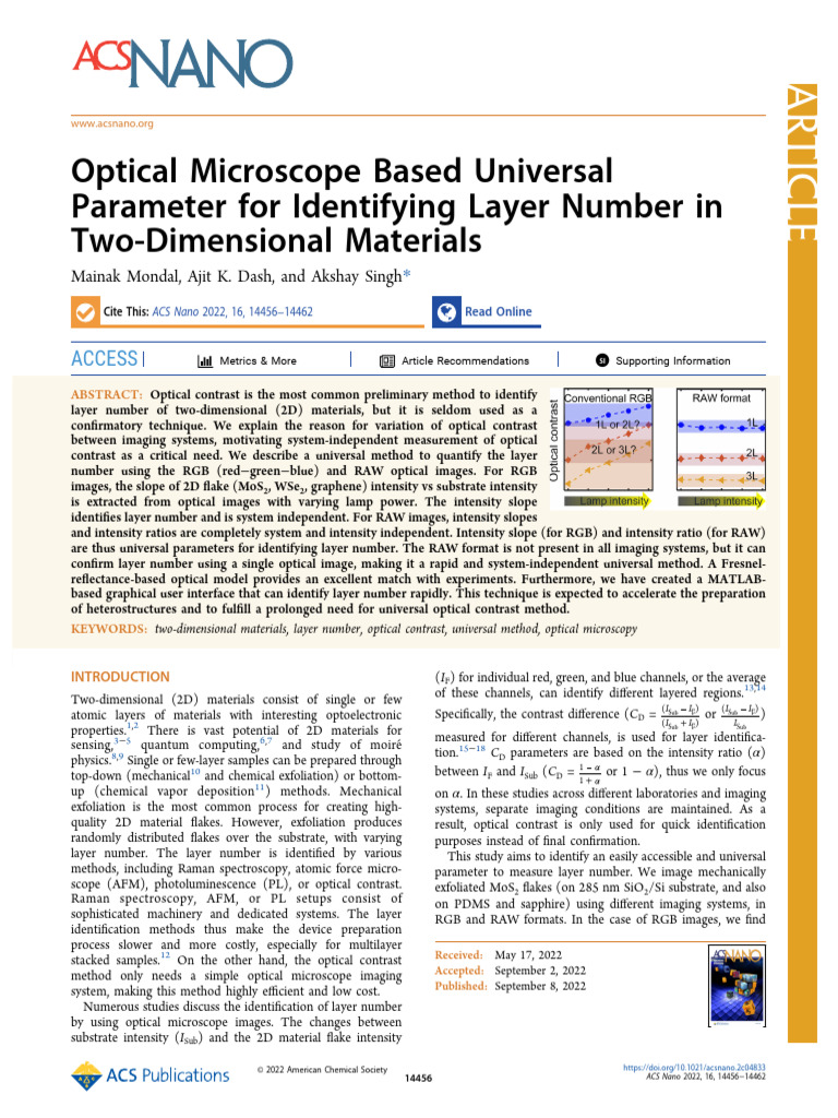 Acsnano.2022 Akshay Optical Microscope Based Universal Parameter For Identifying Layer Number in ...