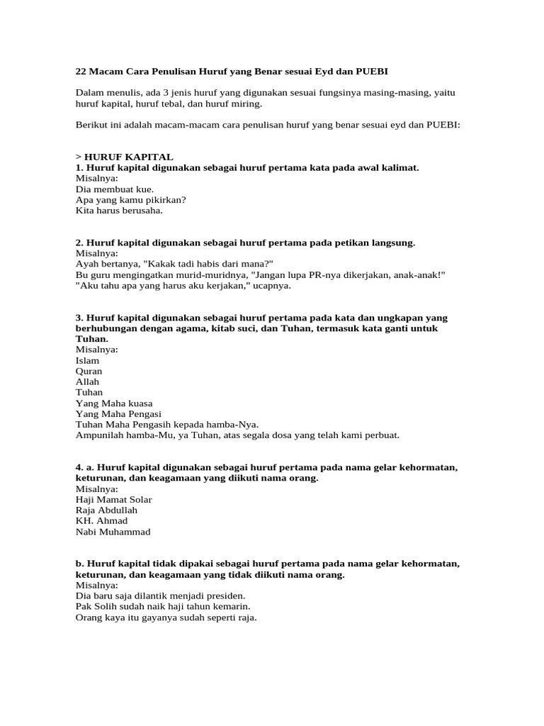 22 Macam Cara Penulisan Huruf Yang Benar Sesuai Eyd Dan PUEBI | PDF