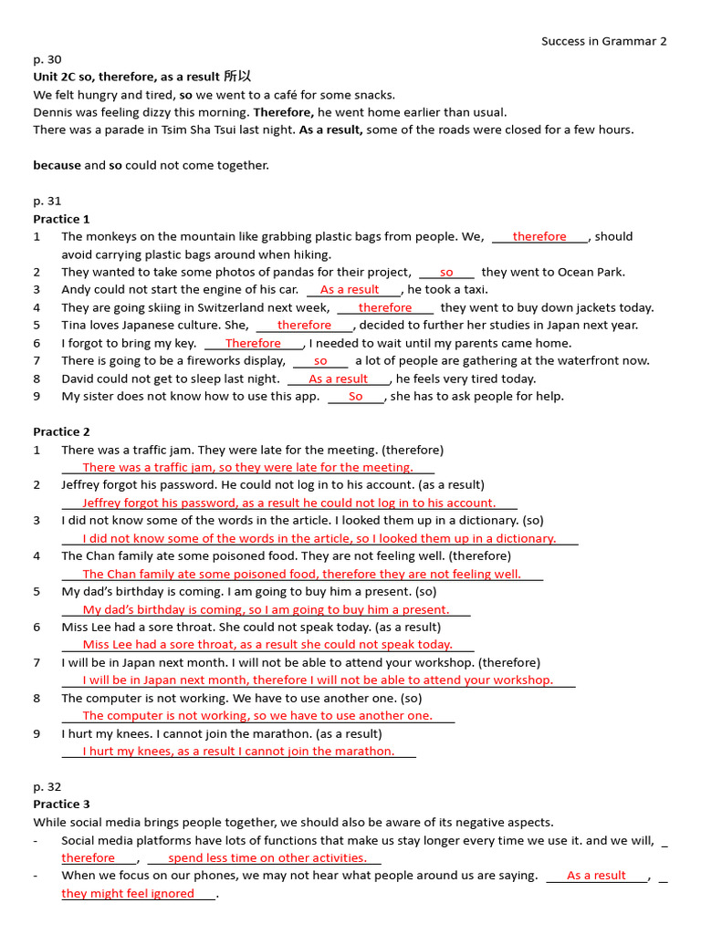Success in Grammar 2: Unit 2C Answers | PDF