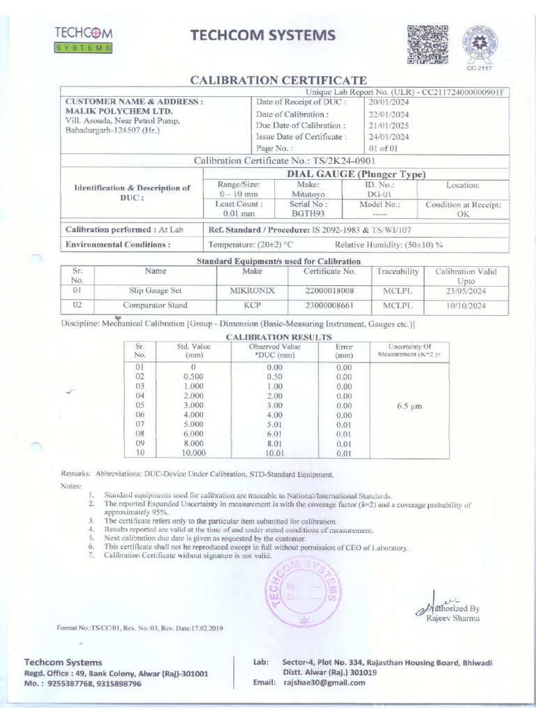 Calibration Certificates Dial Guage | PDF