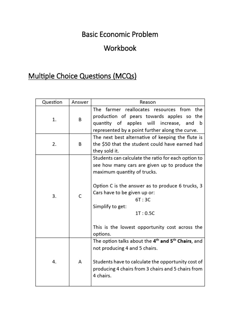 Basic Economic Problem MCQ Workbook | PDF | Opportunity Cost ...