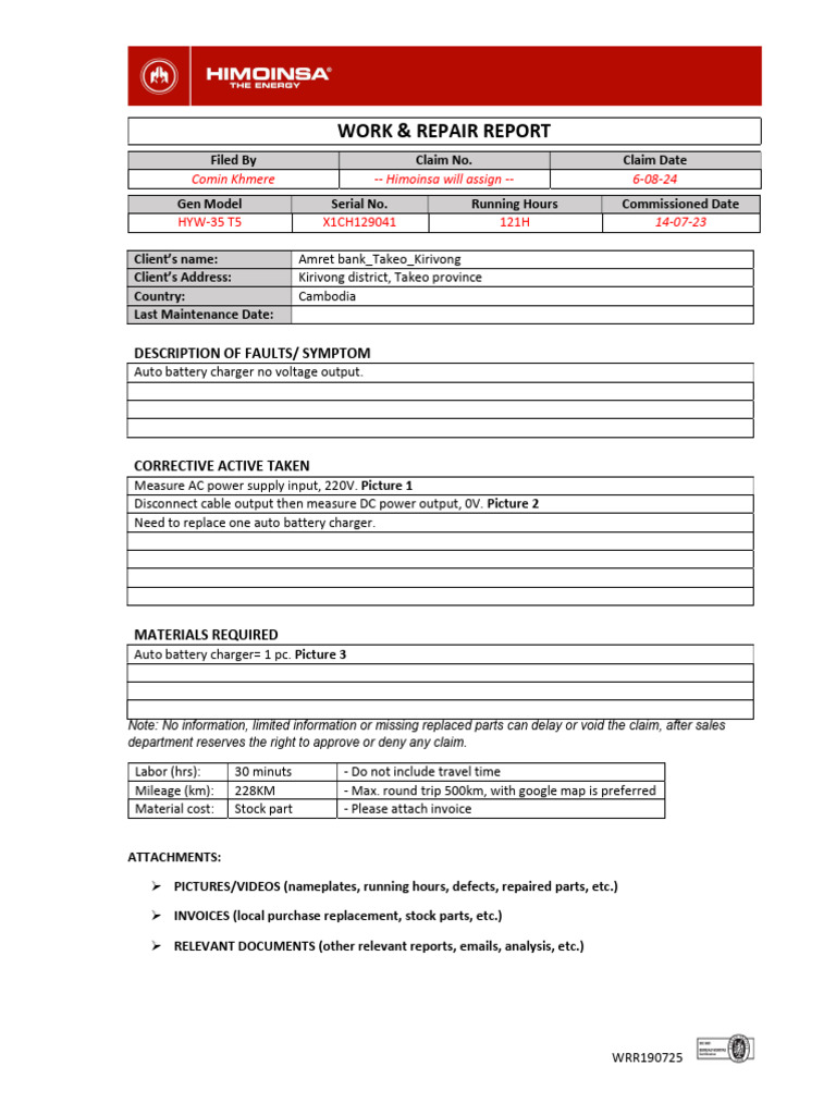 Work Repair Report_auto battery charger_Amret Kirivong_B | PDF