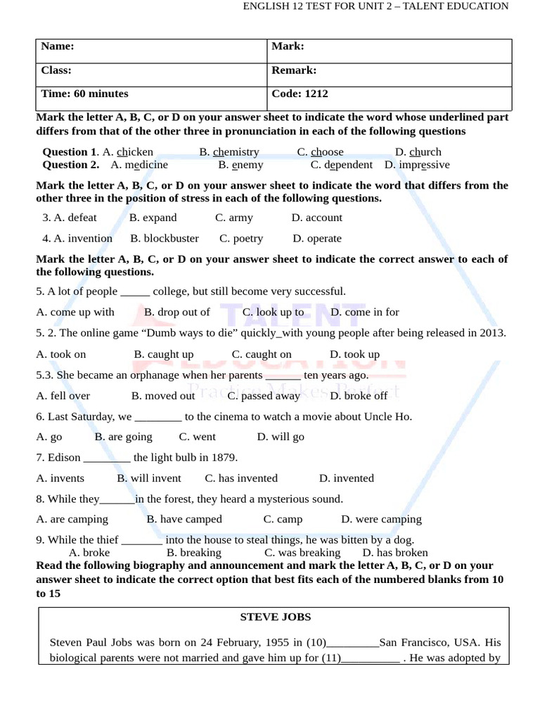 English 12 Test For Unit 1 - 2 | PDF