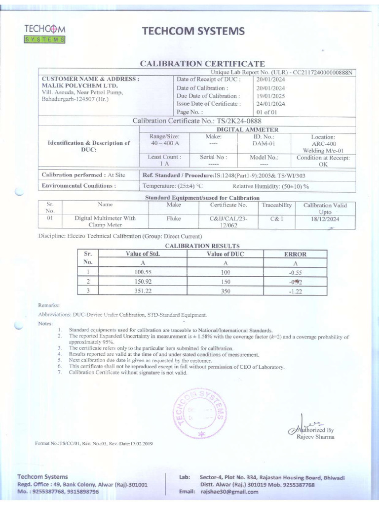 Calibration Certificates Digital Ammeter 1 | PDF