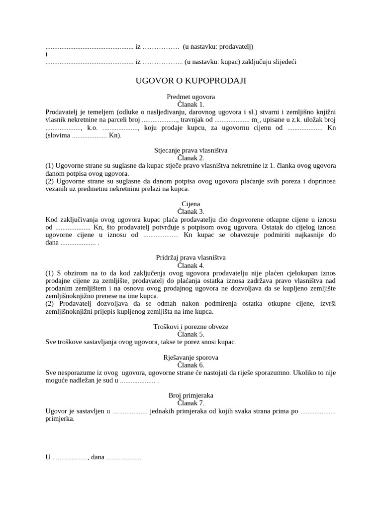 Ugovor o Kupoprodaji Sa Pridrzajem Prava Vlasnistva | PDF