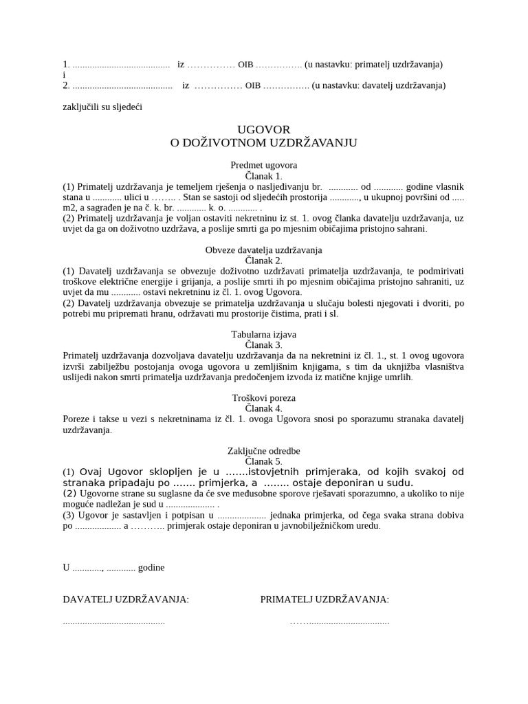 Ugovor o Dozivotnom Uzdrzavanju | PDF