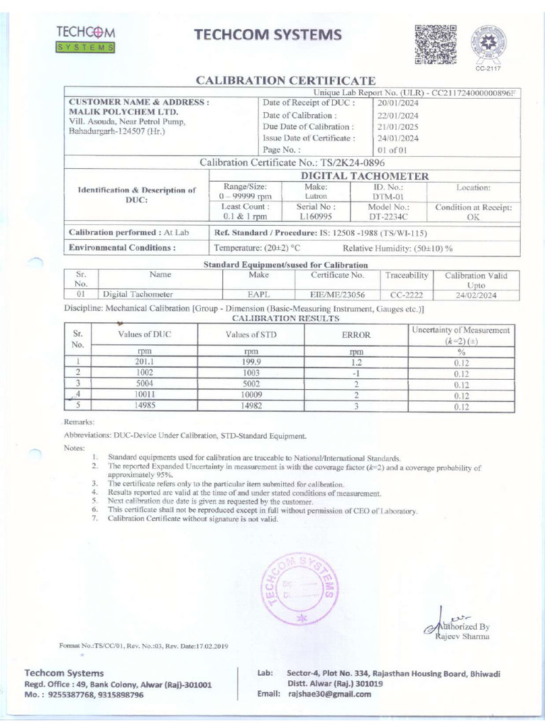 Calibration Certificates Digital Tachometer Pdf