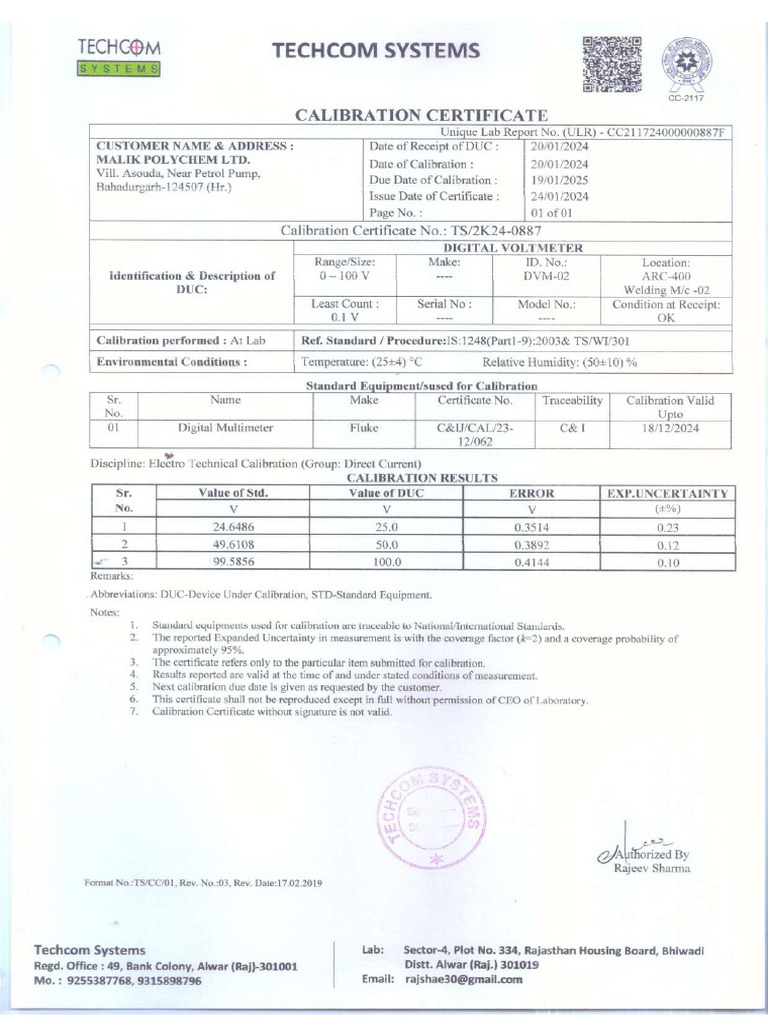 Calibration Certificates Digital Voltmeter 2 | PDF