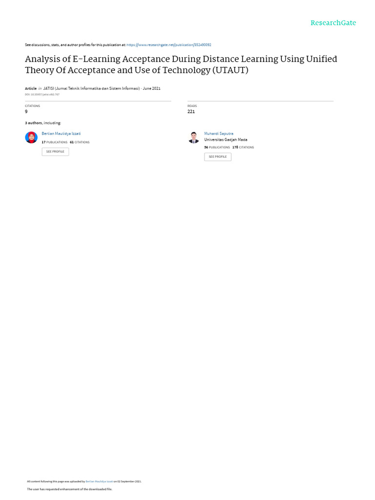 Analysis of E-Learning Acceptance During Distance Learning Using Unified Theory of Acceptance ...