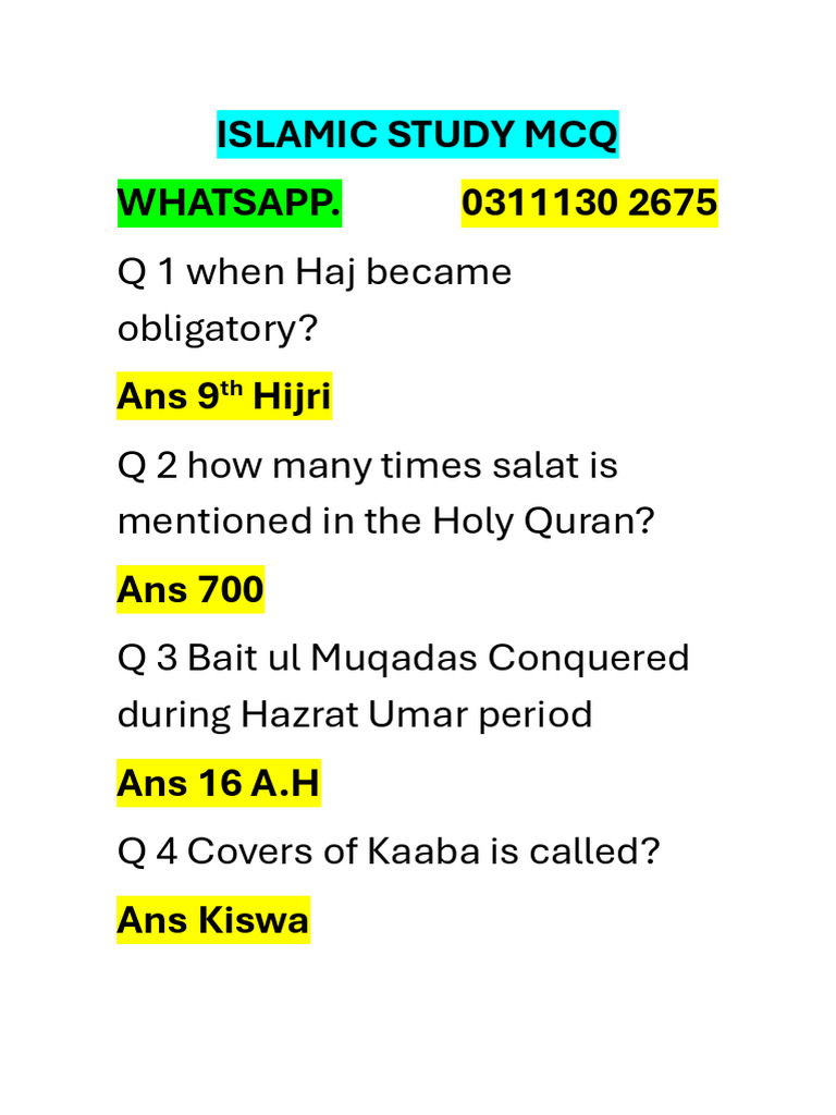 Islamic Study MCQ WHATSAPP. 0311130 2675 | PDF
