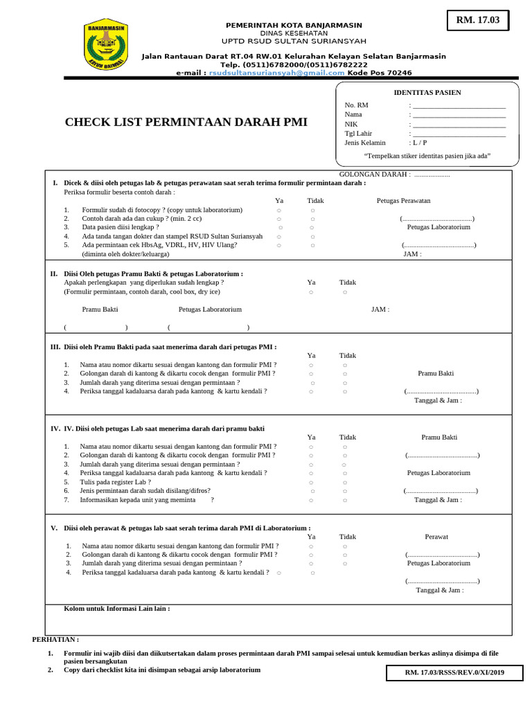 RM.17.03 Check List Permintaan Darah Pmi | PDF