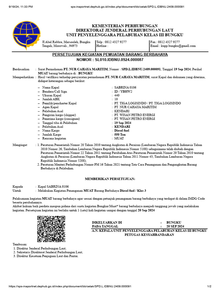 Sps-Inaportnet - Dephub.go - Id Index - PHP Document BB Cetak SPD.L.IDBNU.2409.000091 | PDF