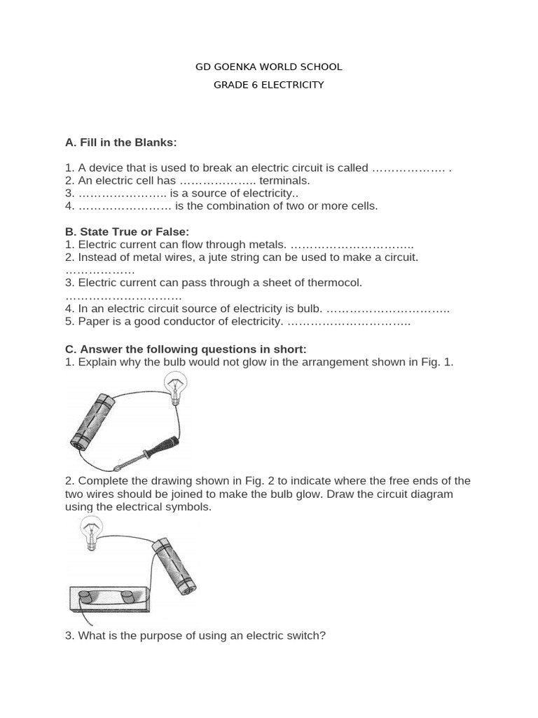 g6 Worksheet Electricity - For Students | PDF