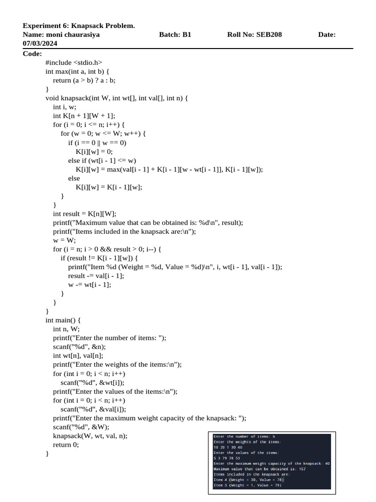 Experiment 6-KnapSack | PDF