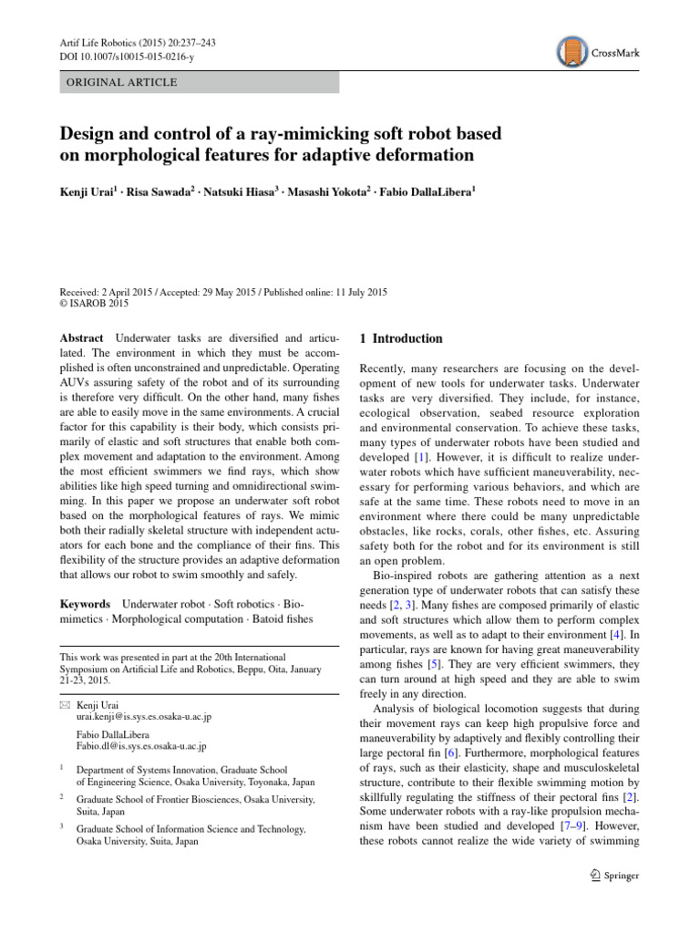 Design and Control of A Ray-Mimicking Soft Robot Based On Morphological Features For Adaptive ...