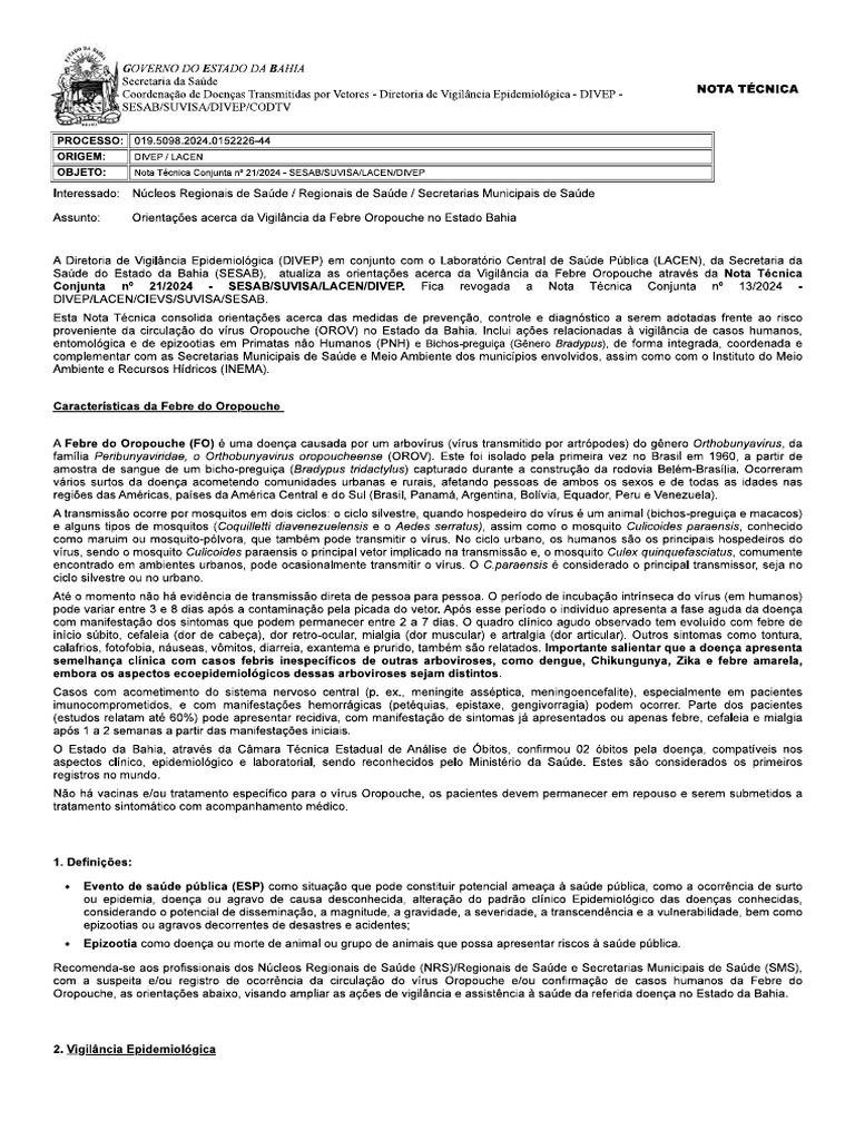 Febre Oropouche - Nota Técnica Conjunta N. 21-2024 - SESAB-SUVISA-LACEN-DIVEP | PDF