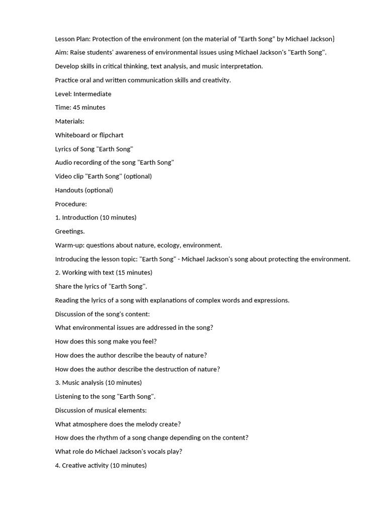 Lesson Plan Earth Song | PDF