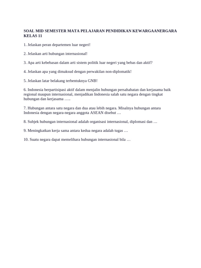 Soal Mid Semester Mata Pelajaran Pendidikan Kewargaanergara Kelas 11 | PDF