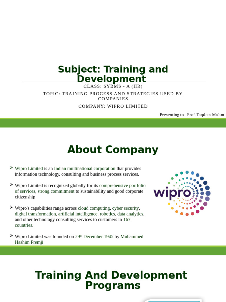 Traning Process and Strategies Use by Wipro (Presentation) | PDF