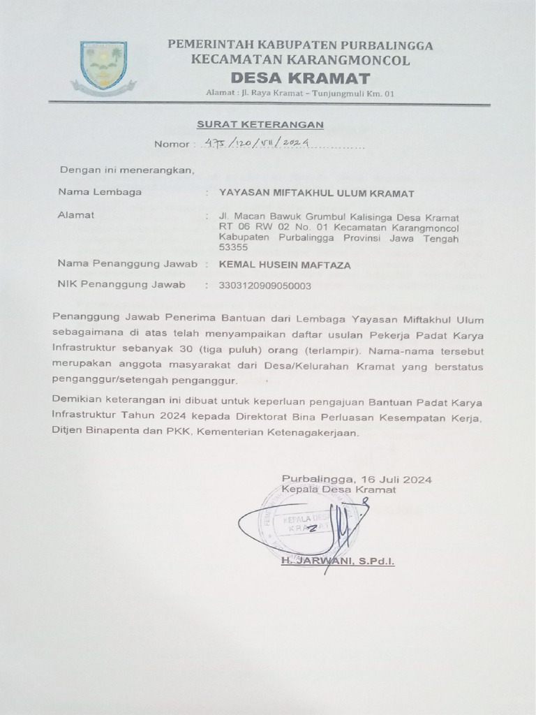 Format 5 Surat Keterangan 30 Calon Penerima Bantuan | PDF