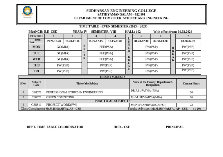 Timetable Iv Year CS Viii Sem 23-24 | PDF