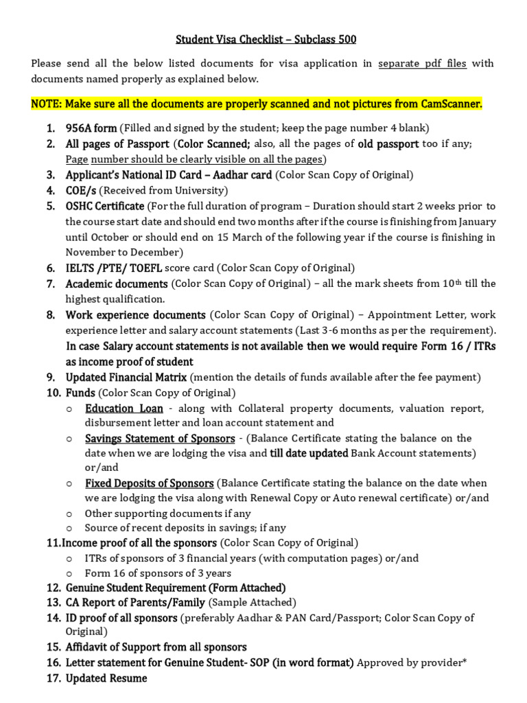 AUSTRALIA Studnet Visa Checklist Subclass 500 | PDF